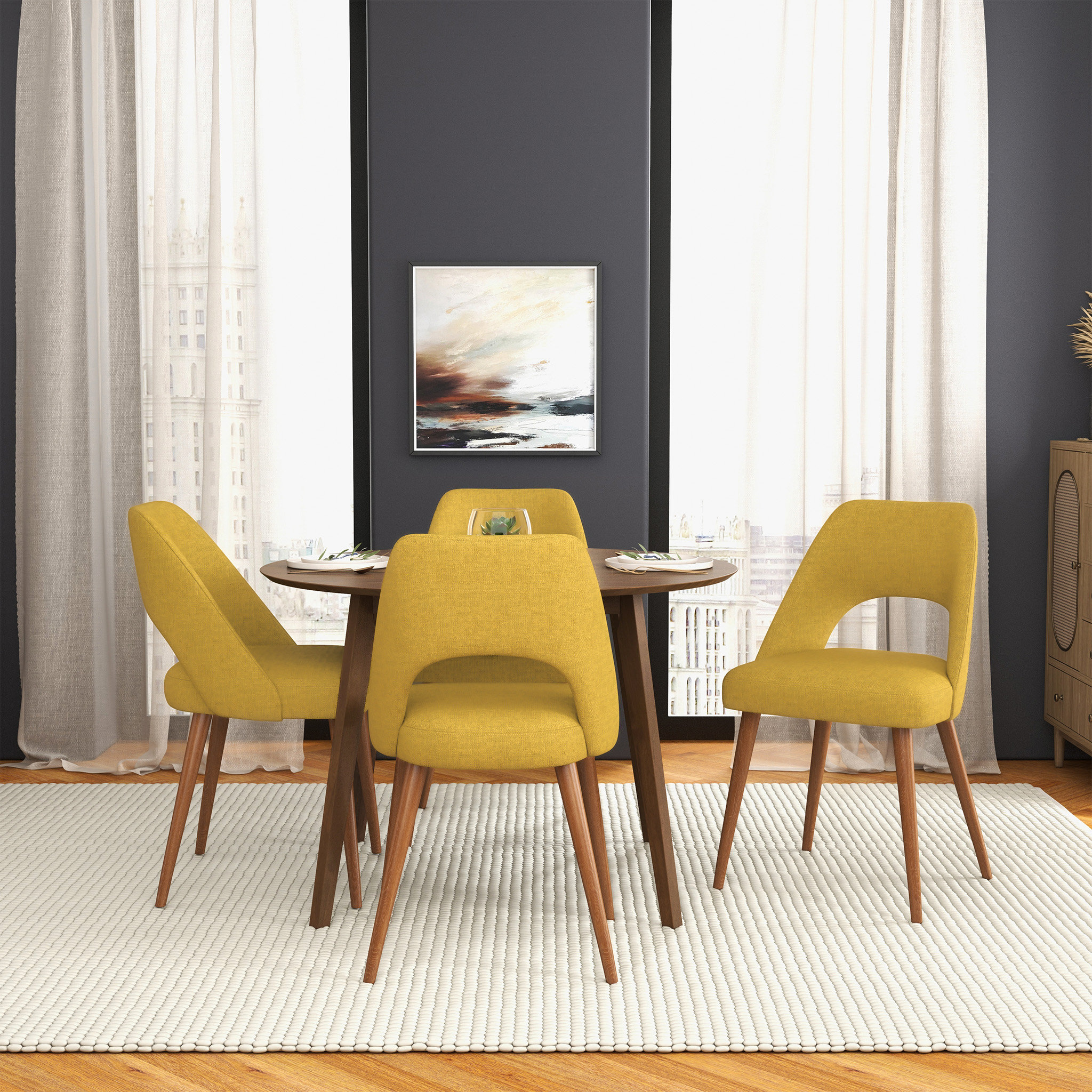 Corrigan Studio Kanora 5 Piece Mid Century Modern Dining Set W 4 Fabric Dining Chairs In Yellow Wayfair Canada